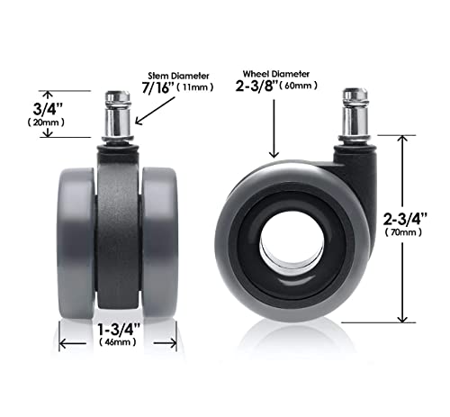 Slipstick CB685 Dual Bearing Rubber Office Chair Caster Wheels (Set of 5 Castors) Universal Fit Replacement Chair Casters for Hardwood Floors & Carpet, 2-3/8” Twin Rollers, 7/16 Inch Stem