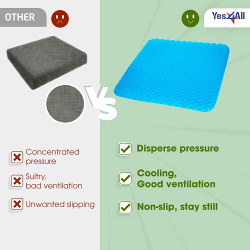 Yes4All Cooling Gel Seat Cushion for Long Sitting, 2 Silk Non-Slip Magnet Covers, Large Thick Breathable Wheelchair/Car/Office Chair Cushions, Pressure Pain Relief for Tailbone, Back, Hip.