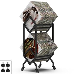 giftgo mobile 2 tier vinyl record storage holder black metal display stand with casters easy to move lp storage book album storage magazine office files organizer shelf