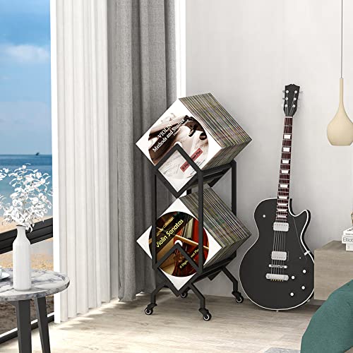 GiftGo Mobile 2 Tier Vinyl Record Storage Holder Black Metal Display Stand with Casters Easy to Move LP storage Book Album Storage Magazine Office Files Organizer Shelf