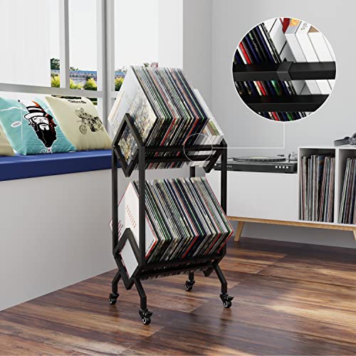 GiftGo Mobile 2 Tier Vinyl Record Storage Holder Black Metal Display Stand with Casters Easy to Move LP storage Book Album Storage Magazine Office Files Organizer Shelf