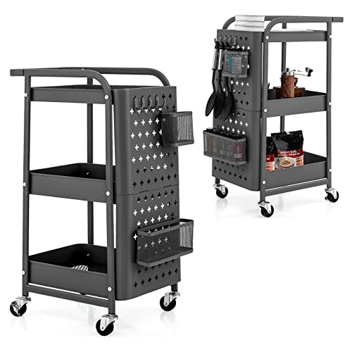 GOFLAME 3-Tier Rolling Cart, Storage Organizer Cart with DIY Dual Pegboards, 2 Baskets, 4 Removable Hooks, Mobile Metal Utility Cart on Wheels, Trolley Service Cart for Kitchen, Office, Garage (Grey)