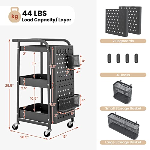 GOFLAME 3-Tier Rolling Cart, Storage Organizer Cart with DIY Dual Pegboards, 2 Baskets, 4 Removable Hooks, Mobile Metal Utility Cart on Wheels, Trolley Service Cart for Kitchen, Office, Garage (Grey)