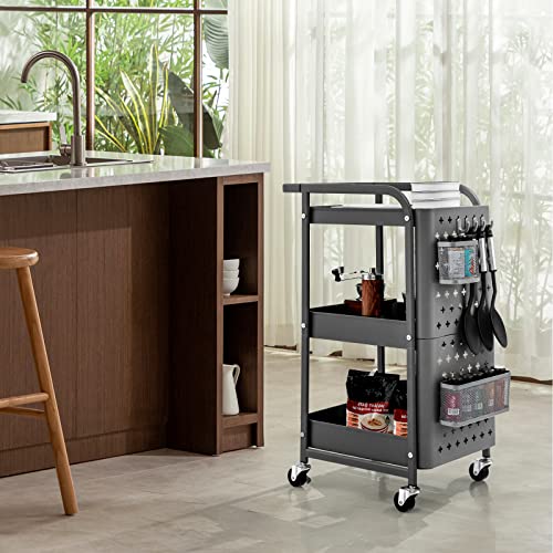 GOFLAME 3-Tier Rolling Cart, Storage Organizer Cart with DIY Dual Pegboards, 2 Baskets, 4 Removable Hooks, Mobile Metal Utility Cart on Wheels, Trolley Service Cart for Kitchen, Office, Garage (Grey)