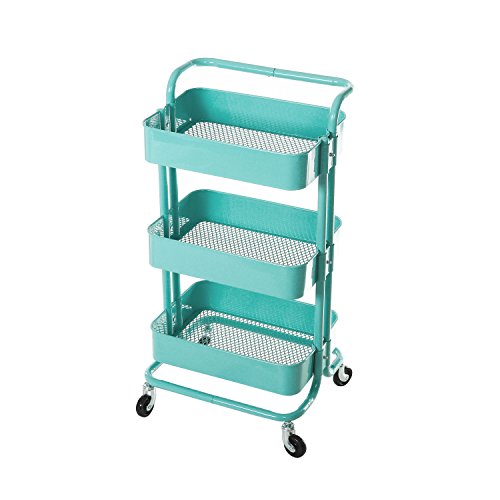 HollyHOME 3-Tier Metal Utility Service Cart Rolling Storage Shelves with Handles, Storage Utility Cart, Blue