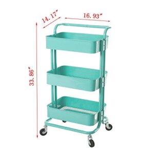 HollyHOME 3-Tier Metal Utility Service Cart Rolling Storage Shelves with Handles, Storage Utility Cart, Blue