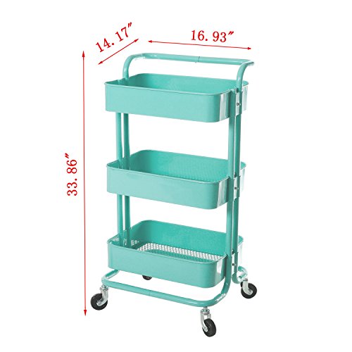 HollyHOME 3-Tier Metal Utility Service Cart Rolling Storage Shelves with Handles, Storage Utility Cart, Blue