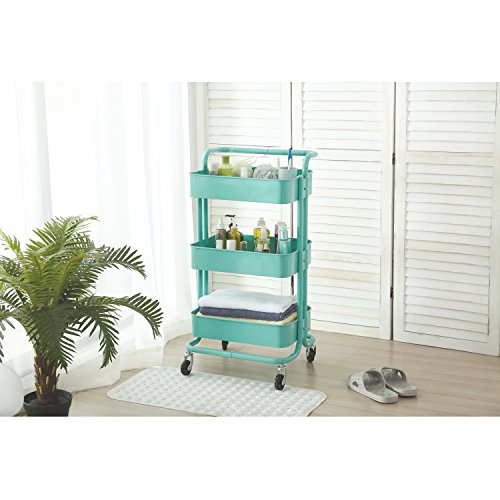 HollyHOME 3-Tier Metal Utility Service Cart Rolling Storage Shelves with Handles, Storage Utility Cart, Blue