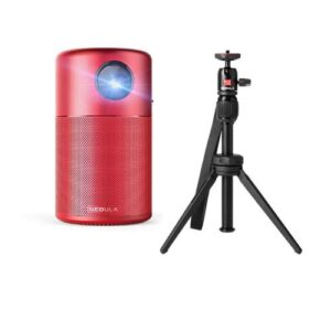 anker nebula capsule smart wi-fi mini projector，red, 100 ansi lumen portable projector，with capsule series adjustable tripod stand