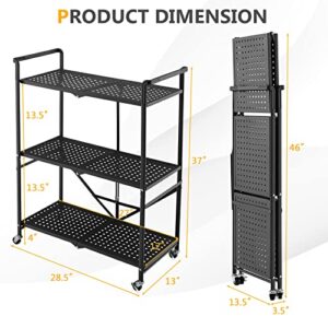 GOFLAME 3-Tier Rolling Cart, Folding Mesh Metal Utility Cart with Handles and Lockable Wheels, Multipurpose Storage Rack Organizer, Mobile Service Cart for Living Room Kitchen Office