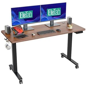 eletab standing desk, 63 x 24 inch electric stand up height adjustable home office table, sit stand desk with splice board, black frame & espresso desktop