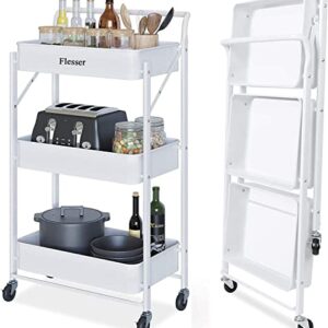 3 Tier Rolling Cart Foldable Storage Cart with Wheels No Assembly Request Kitchen Utility Organizer with Handing Cup, White