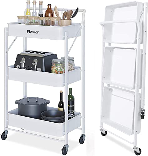 3 Tier Rolling Cart Foldable Storage Cart with Wheels No Assembly Request Kitchen Utility Organizer with Handing Cup, White