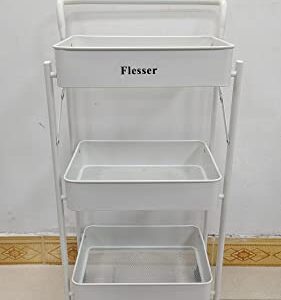 3 Tier Rolling Cart Foldable Storage Cart with Wheels No Assembly Request Kitchen Utility Organizer with Handing Cup, White