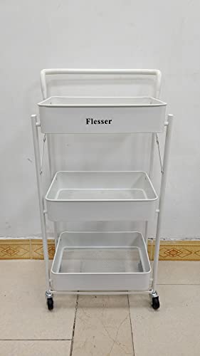 3 Tier Rolling Cart Foldable Storage Cart with Wheels No Assembly Request Kitchen Utility Organizer with Handing Cup, White