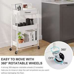 3 Tier Rolling Cart Foldable Storage Cart with Wheels No Assembly Request Kitchen Utility Organizer with Handing Cup, White