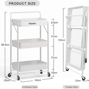 3 Tier Rolling Cart Foldable Storage Cart with Wheels No Assembly Request Kitchen Utility Organizer with Handing Cup, White