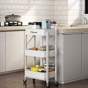 3 Tier Rolling Cart Foldable Storage Cart with Wheels No Assembly Request Kitchen Utility Organizer with Handing Cup, White