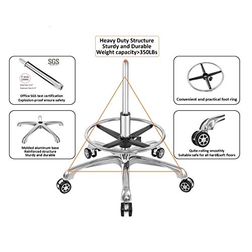 Nazalus Rolling Stool Adjustable Drafting Chair Heavy Duty with Wheels for Office Home Desk Chair Big Size (with Foot Ring, Black)