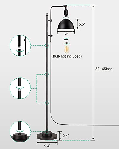 EDISHINE Industrial Floor Lamp, Adjustable Height & Head with Rotary Switch, Rustic Reading Lamp in Aged Black Finish, 65IN Farmhouse Standing Tall Metal Lamp for Living Room, Bedroom, Office