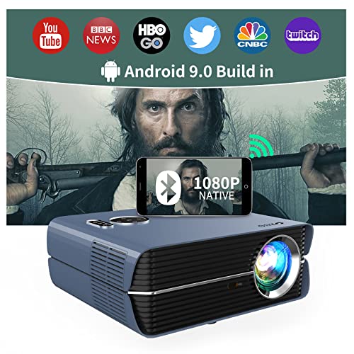 Smart Projector with WiFi & Bluetooth, 1080P Native Wireless Home Theater Projector with Android 9.0 & Touch Panel, Indoor Outdoor Movie Projector Airplay/HDMI/USB/RJ45 for Phone Laptop TV Stick DVD