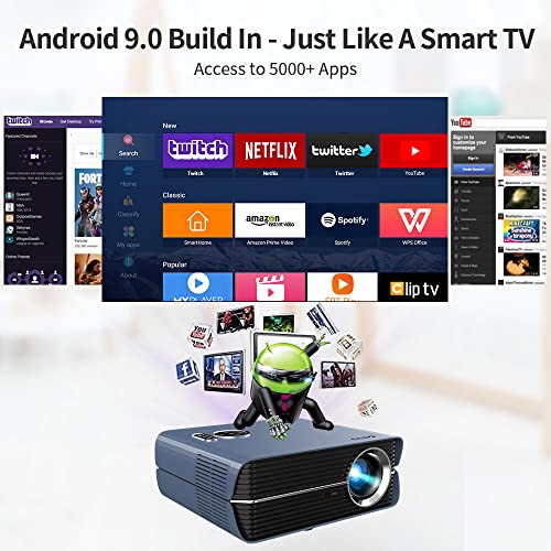 Smart Projector with WiFi & Bluetooth, 1080P Native Wireless Home Theater Projector with Android 9.0 & Touch Panel, Indoor Outdoor Movie Projector Airplay/HDMI/USB/RJ45 for Phone Laptop TV Stick DVD