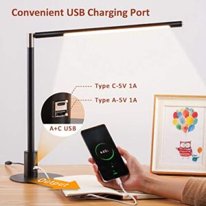 ANZENSHI LED Desk Lamp Eye-Caring Metal Table Lamps Dimmable Office Lamp with USB and Type C Charging Port 3 Lighting Modes with Stepless Brightness Adjustment 7W Black