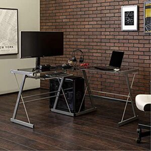 walker edison ellis modern glass top l shaped corner gaming desk with computer keyboard tray, 51 inch, smoke