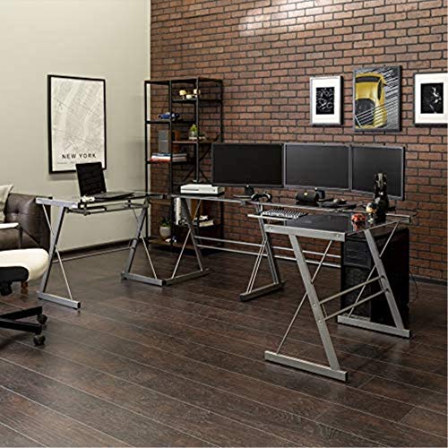 Walker Edison Ellis Modern Glass Top L Shaped Corner Gaming Desk with Computer Keyboard Tray, 51 Inch, Smoke