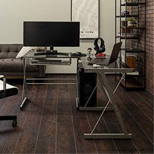 Walker Edison Ellis Modern Glass Top L Shaped Corner Gaming Desk with Computer Keyboard Tray, 51 Inch, Smoke