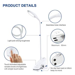 BobBros Led Desk Lamp for Kids,Portable Eye-Care White Desk Lamp with USB Charging Port, Flexible Goose Neck, 3 Dimming Levels,Touch Control