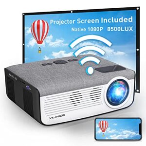 wifi projector with 100″ projector screen, vilinice native 1080p 8500l bluetooth projector 4k supported movie projector 100,000 life hours compatible with tv stick, roku,hdmi,usb,tf,vga,aux,av