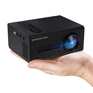 monster image mini small format lcd projector 1920×1080 hd quality, project up to 8 feet away, works on projection screens ranging from 20-80 inches. supports any format with universal hdmi cable