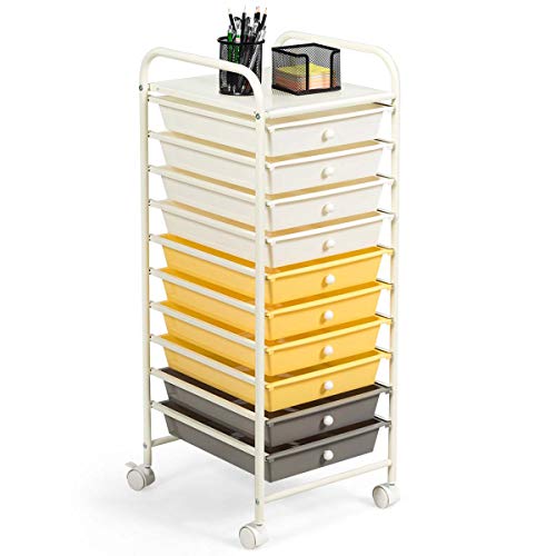 KOTEK 10-Drawer Rolling Storage Cart, Multipurpose Utility Cart Mobile Craft Cart w/Drawers & Wheels, Home Office School Tools Scrapbook Paper Organizer (Yellow)