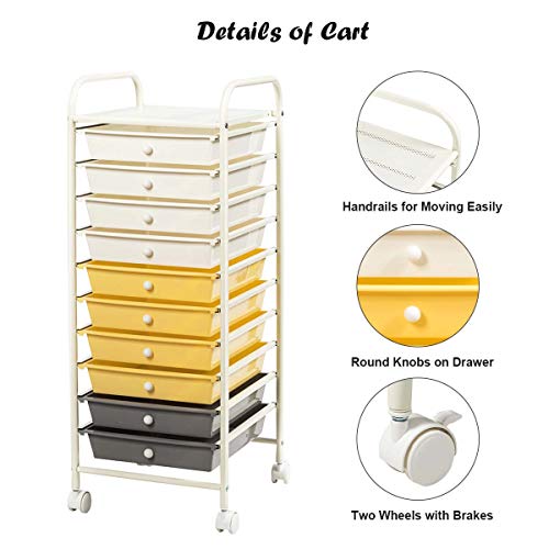 KOTEK 10-Drawer Rolling Storage Cart, Multipurpose Utility Cart Mobile Craft Cart w/Drawers & Wheels, Home Office School Tools Scrapbook Paper Organizer (Yellow)