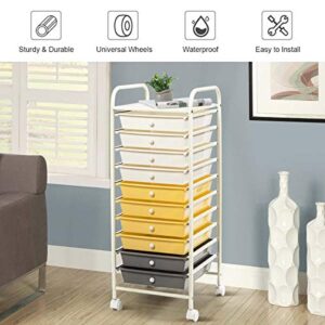 KOTEK 10-Drawer Rolling Storage Cart, Multipurpose Utility Cart Mobile Craft Cart w/Drawers & Wheels, Home Office School Tools Scrapbook Paper Organizer (Yellow)