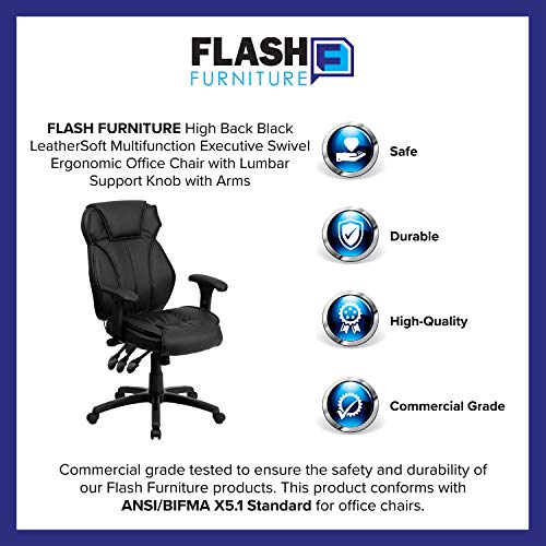 Flash Furniture High Back Black LeatherSoft Multifunction Executive Swivel Ergonomic Office Chair with Lumbar Support Knob with Arms