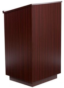 45.5″ tall podium with locking cabinet, shelf, 25″ angled surface with lip (mahogany)