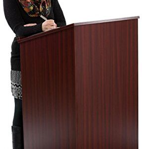 45.5" Tall Podium with Locking Cabinet, Shelf, 25" Angled Surface with Lip (Mahogany)