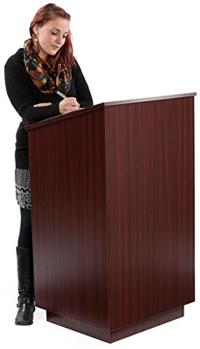 45.5" Tall Podium with Locking Cabinet, Shelf, 25" Angled Surface with Lip (Mahogany)