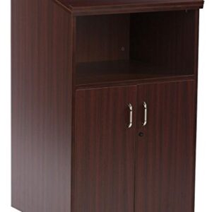 45.5" Tall Podium with Locking Cabinet, Shelf, 25" Angled Surface with Lip (Mahogany)