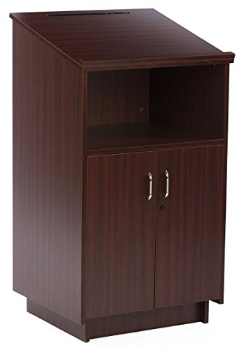 45.5" Tall Podium with Locking Cabinet, Shelf, 25" Angled Surface with Lip (Mahogany)