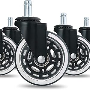 JMCQOO Office Chair Wheels Caster (5 pack), 3 Inch Soft PU Rubber Wheels Substitute-Heavy Load Support Durable Ball Bearings, Perfect Office Chair Stool Cushion-Not Scraping Universal Floor Carpet Fit