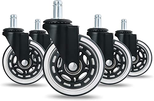 JMCQOO Office Chair Wheels Caster (5 pack), 3 Inch Soft PU Rubber Wheels Substitute-Heavy Load Support Durable Ball Bearings, Perfect Office Chair Stool Cushion-Not Scraping Universal Floor Carpet Fit