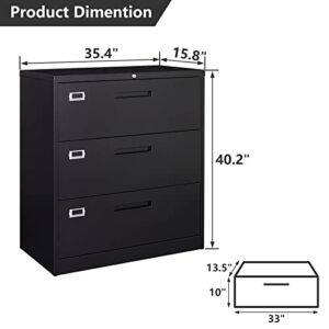 LISSIMO 3 Drawer Metal File Cabinet with Lock，Under Desk Office Storage Filing Cabinet for Legal/Letter/A4 File, Hanging File Folders(Black)