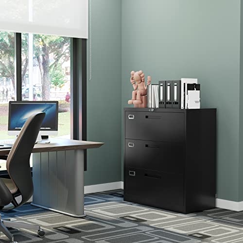 LISSIMO 3 Drawer Metal File Cabinet with Lock，Under Desk Office Storage Filing Cabinet for Legal/Letter/A4 File, Hanging File Folders(Black)