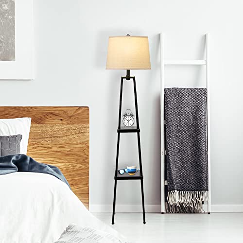 Catalina Lighting 19305-000 Modern Metal Etagere Floor Lamp with Shelves and Linen Shade, 58", Classic Black