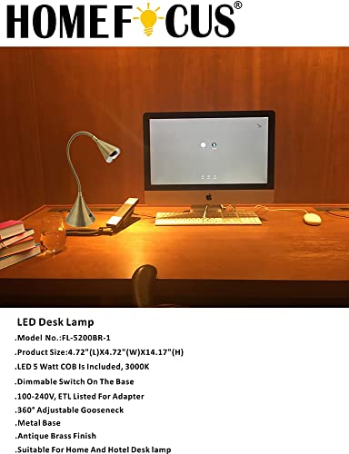 HomeFocus LED Desk Lamp with Touch Dimmable,Table Lamp,Night Light,Reading Desk Lamp,Office Desk Lamp,Working Desk Lamp,Gold Desk Lamp,LED 5W,3000K Warm Light,Metal,Antique Brass