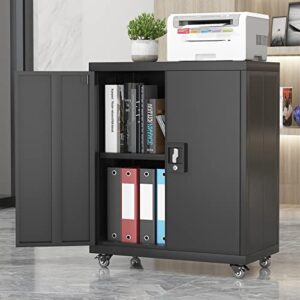 greatmeet metal storage cabinet with locking doors and adjustable shelf, folding filing storage cabinet with wheels, rolling storage locker cabinet for home office,school,garage, black