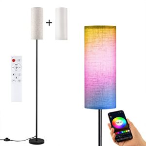 nuÜr floor lamp for living room, bedroom, office, 68 inch modern black led standing floor lamp with 2 linen lampshades & stepless dimming color temperature, connect to app & sync music & tv